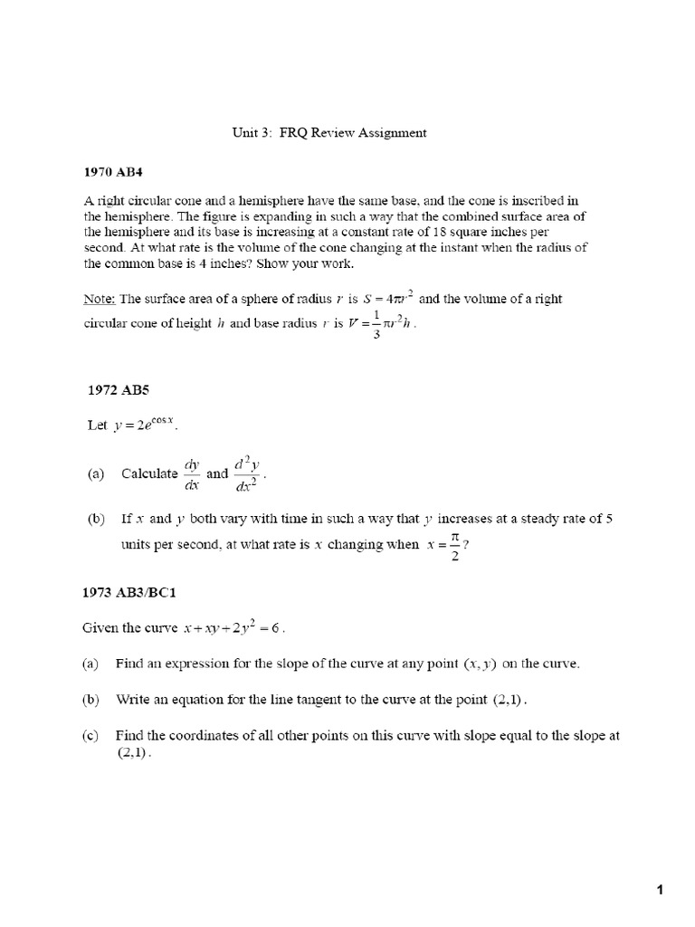 Calc - Unit 3 FRQ Review Assignment | PDF