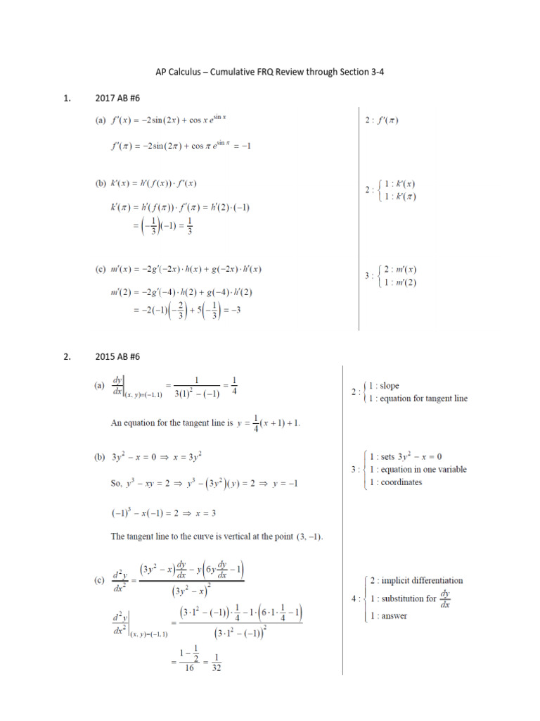 AP Calc - Cumulative FRQ Review Through Section 3-4 Answer Key | PDF