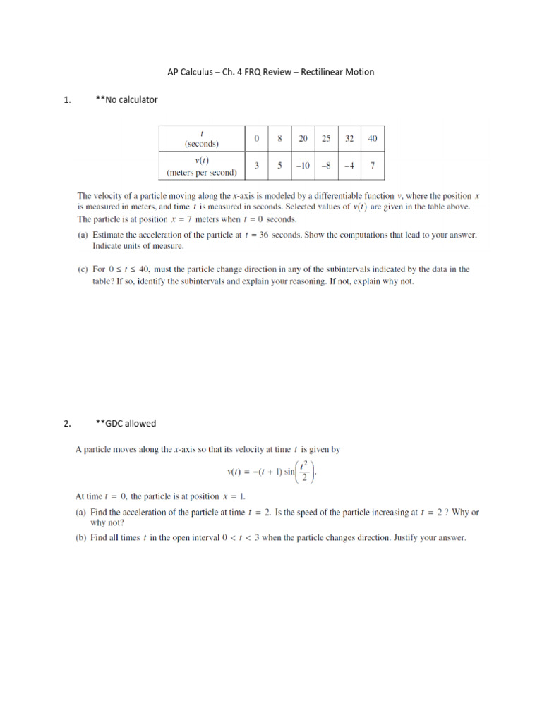3 - Unit 4 - Rectilinear Motion FRQ Worksheet | PDF