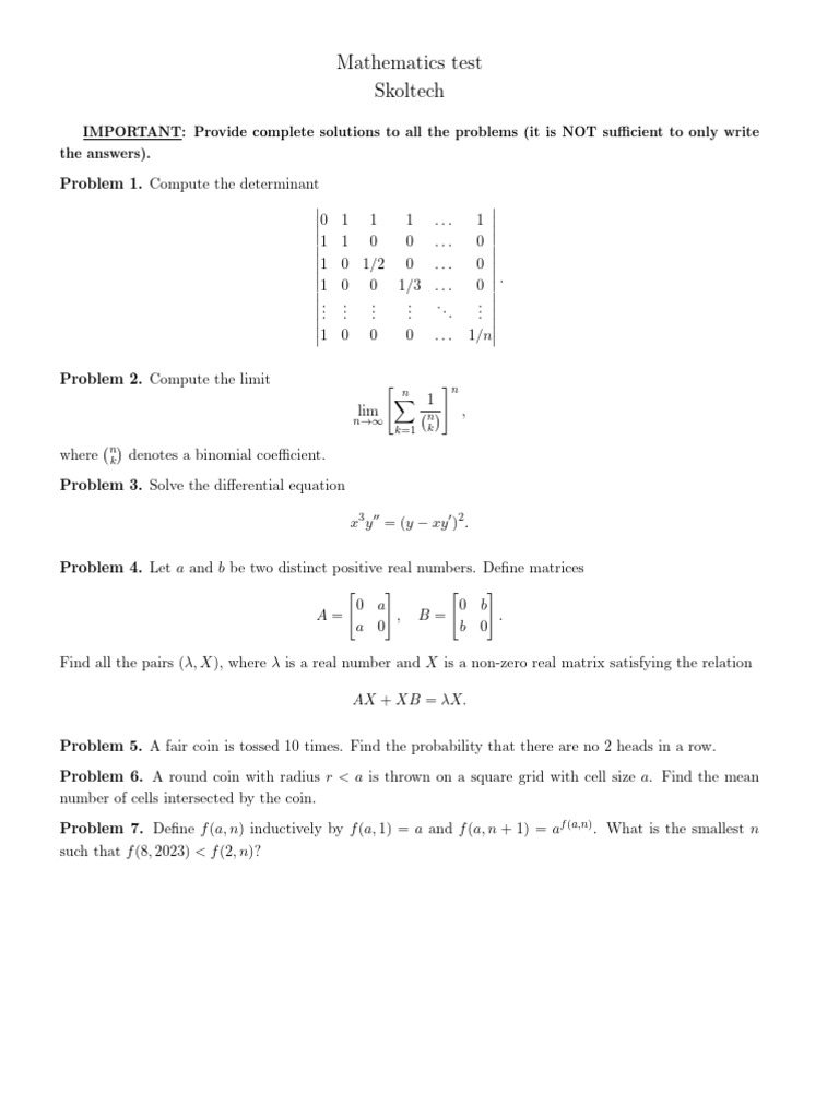 Sample Skoltech Math Exam 2024 Offline | PDF