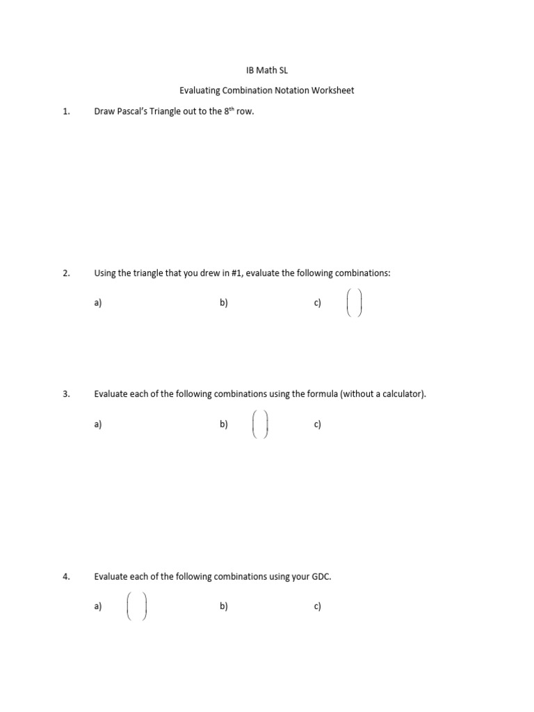 IB Math - Evaluating Combination Notation Worksheet | PDF