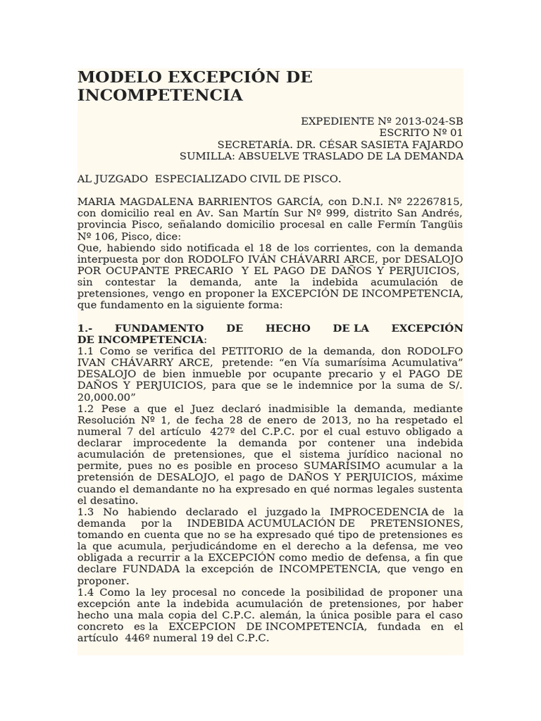 Modelo Excepción de Incompetencia | PDF | Demanda judicial | Juez