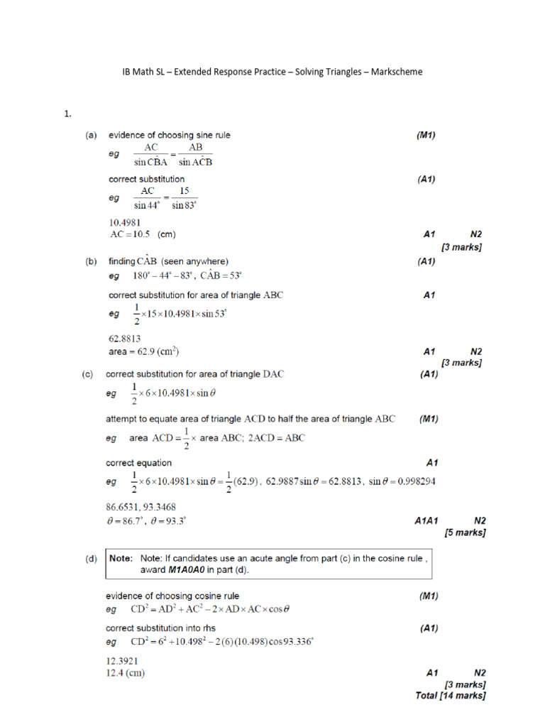 IB Math SL - Extended Response Practice - Solving Triangles - Markscheme | PDF