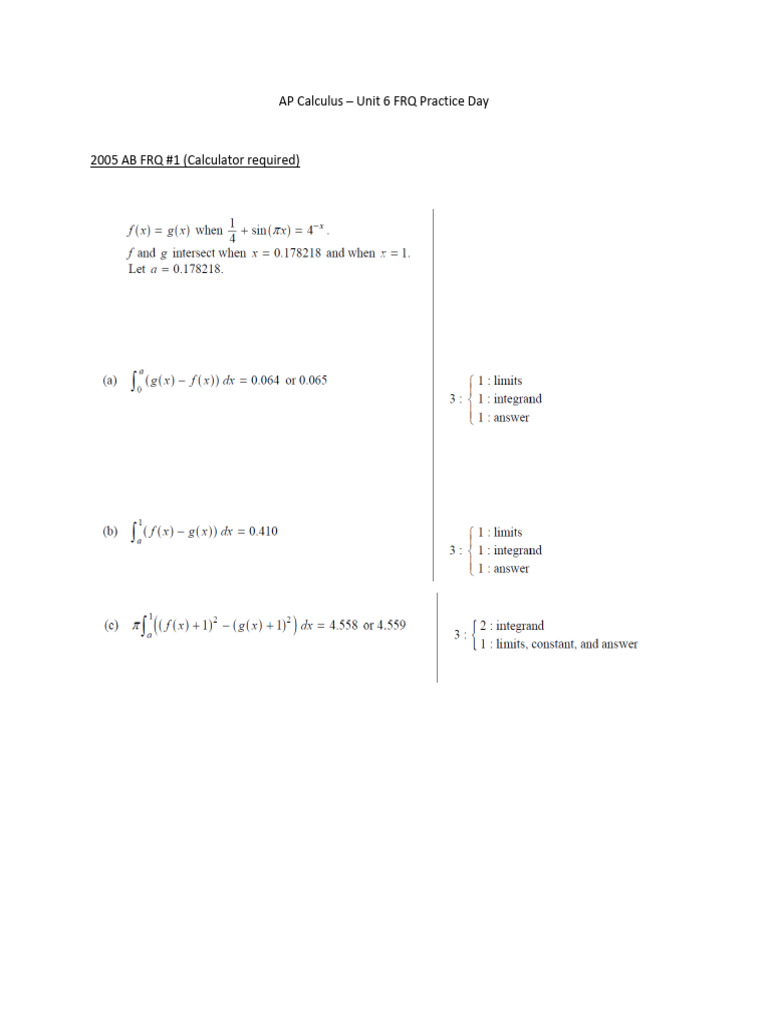 AP Calculus - Section 6-1 To 6-3 FRQ Review Day Worksheet Answers | PDF