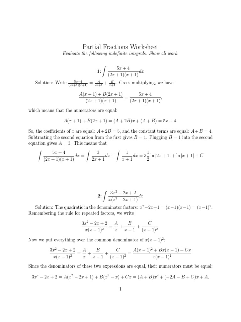 Partial Fractions Integration Worksheet | PDF | Mathematical Analysis ...