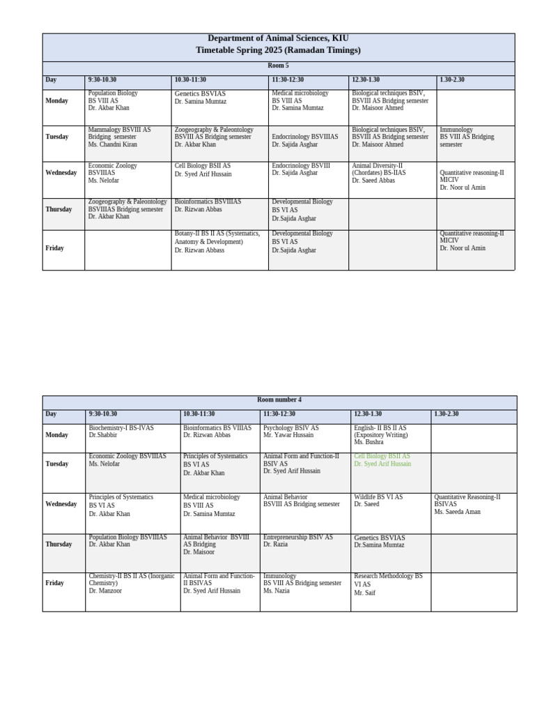 TENTATIVE Timetable Animal Sciences Spring 25,, | PDF | Zoology | Biology