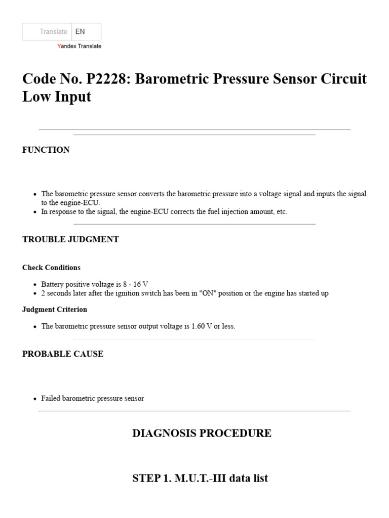 Code No. P2228 - Barometric Pressure Sensor Circuit Low Input | PDF