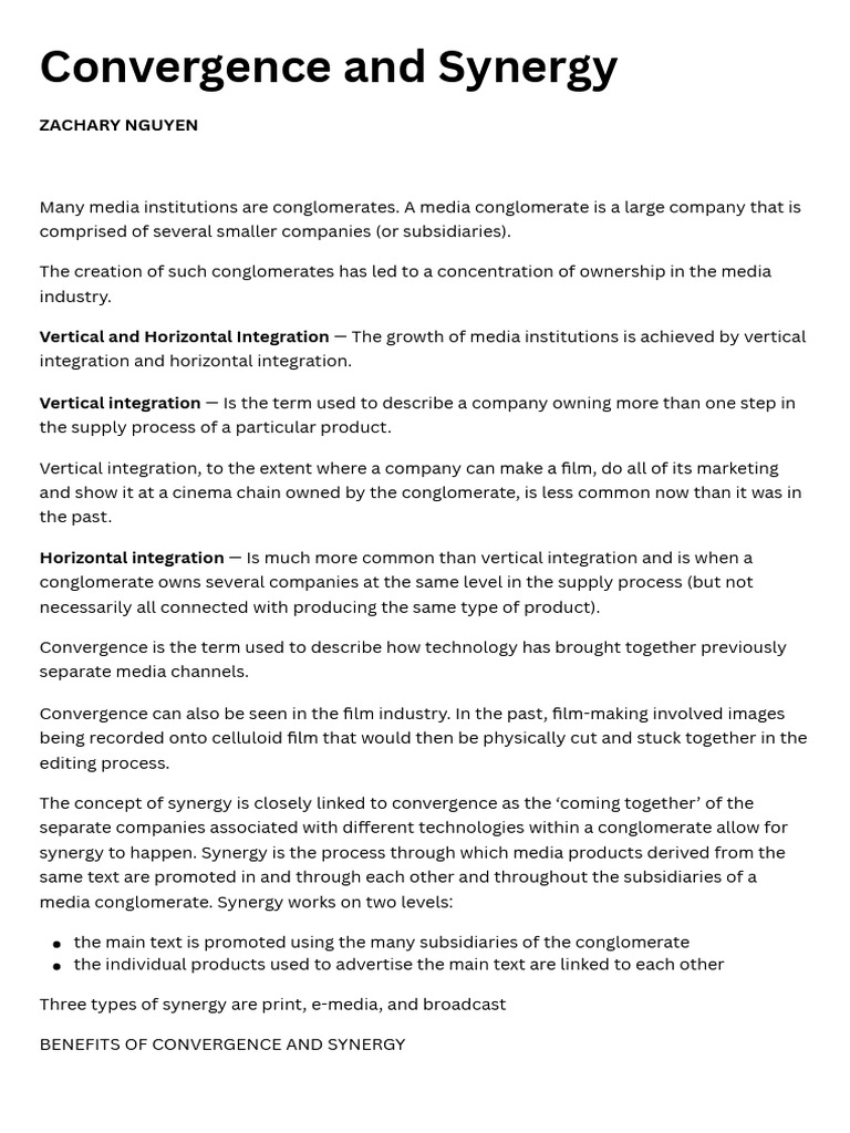Convergence and Synergy PDF | PDF | The Walt Disney Company | Conglomerate (Company)