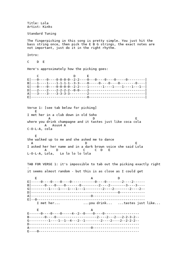 Lola The Kinks | PDF | Guitars | Irish Musical Instruments