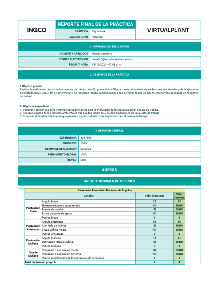 Reporte Final Practica de Ergonomia-Natalia Sanabria | PDF