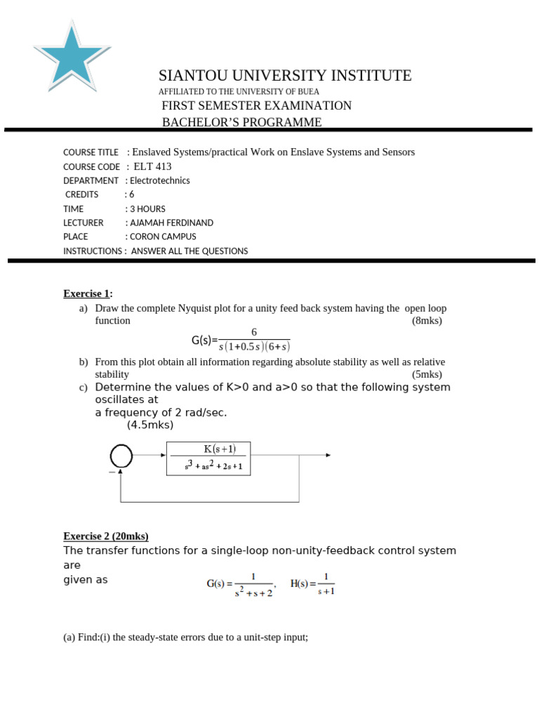 Enslaved Systems Exam: Control Theory | PDF | Control Theory | Applied Mathematics