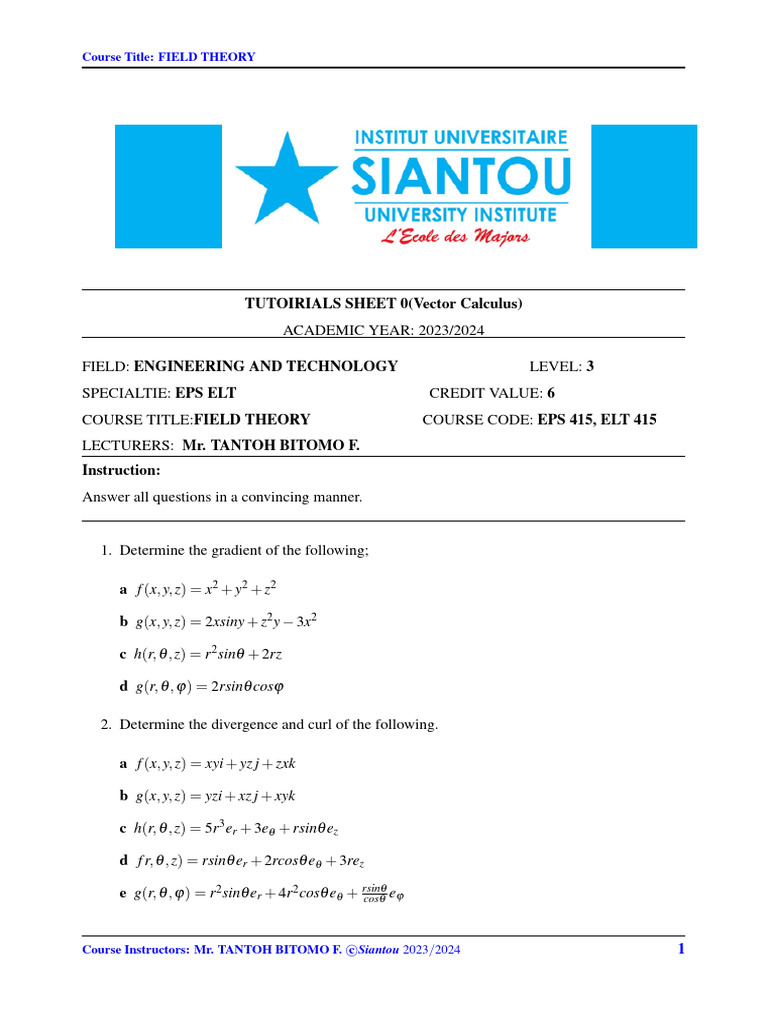 Tutoirials Sheet 0(vector calculus) | PDF | Sphere | Calculus