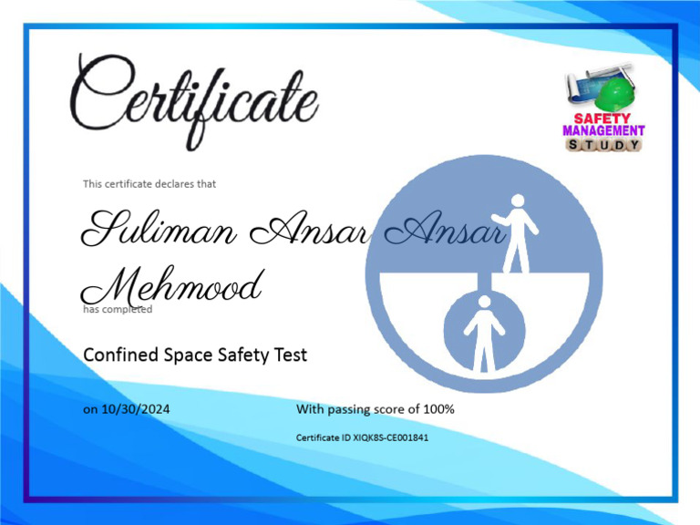 Certificate For Suliman Ansar For - Confined Space Safety Test | PDF