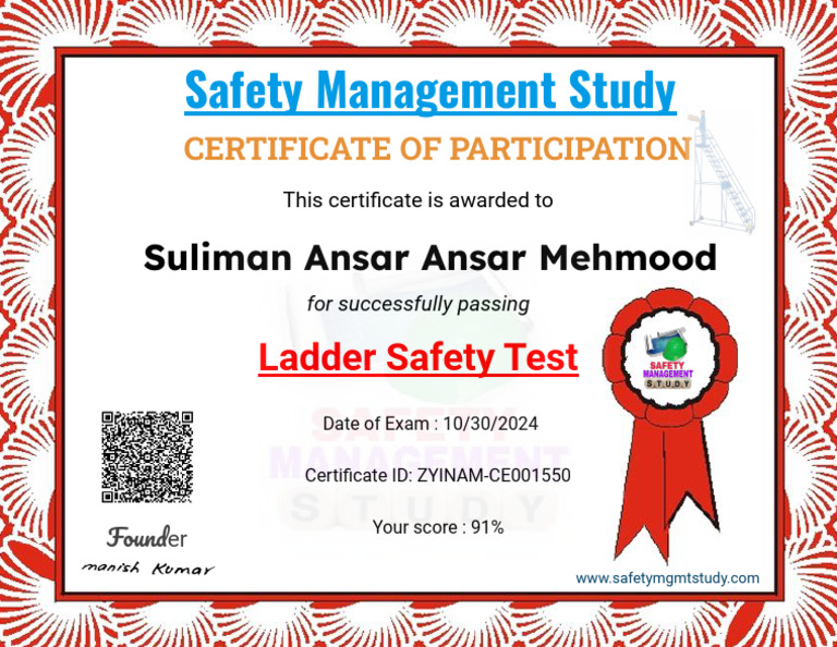 Certificate For Suliman Ansar For - Ladder Safety Test | PDF