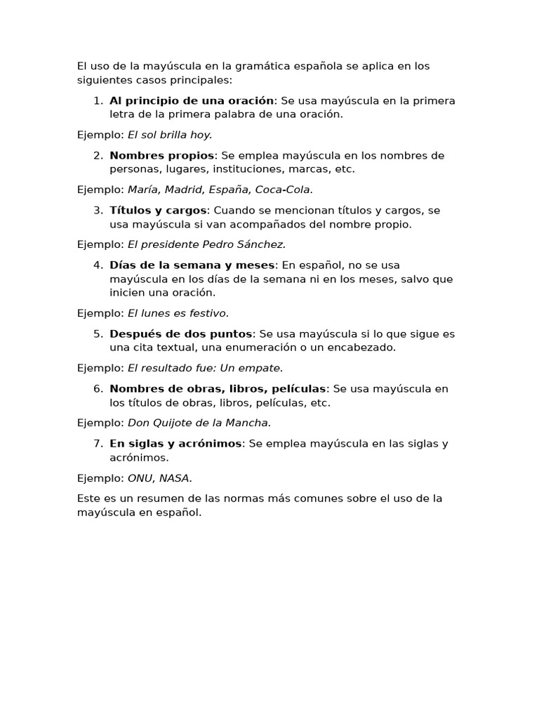 El Uso de La Mayúscula en La Gramática Española Se Aplica en Los ...