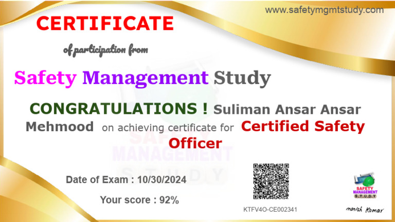 Certified Safety Officer Certificate | PDF