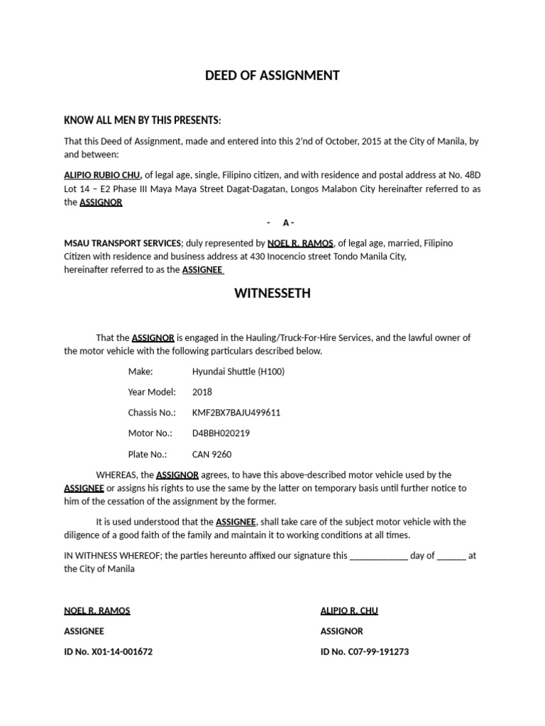 Deed of Assignment for Vehicle Use | PDF | Assignment (Law) | Business Law