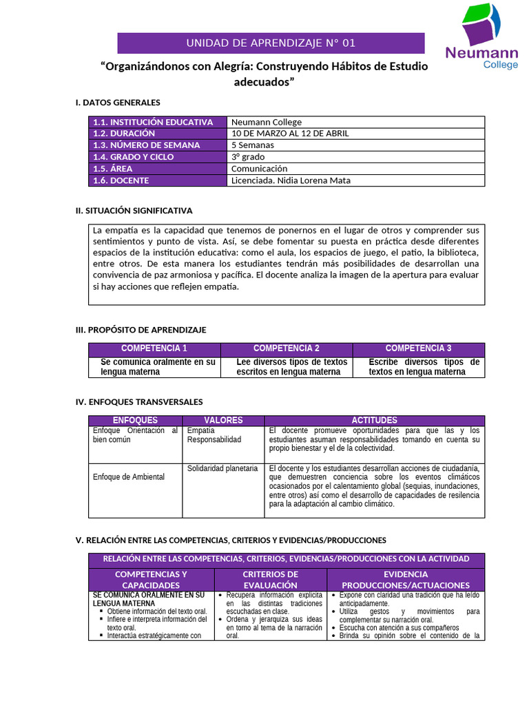 Unidad 1 Comunicacion 3 Er Grado | PDF | Evaluación | Aprendizaje