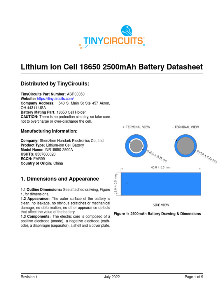 18650 2500mAh Lithium Ion Battery Specs | PDF | Lithium Ion Battery ...
