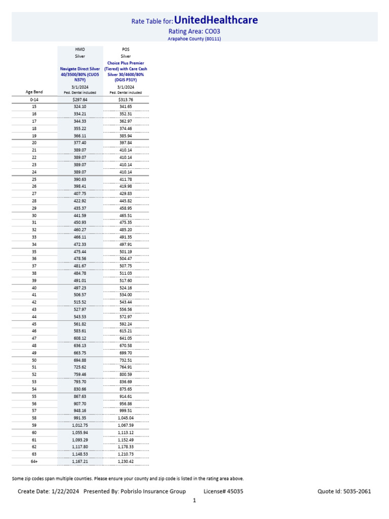 UHC Age Rates As of 03-01-2024 | PDF | Insurance | Business