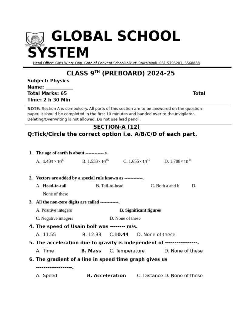Key of 9th CLASS REBOARD | PDF | Velocity | Force