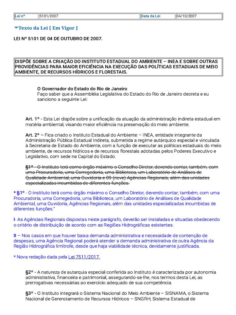 Lei Ordinária Criação Do Inea RJ | PDF | Declaração de Impacto ...