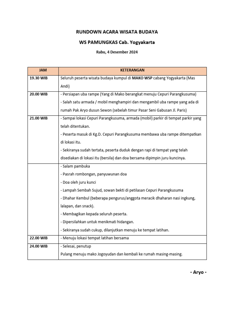 RUNDOWN ACARA WISATA BUDAYA | PDF