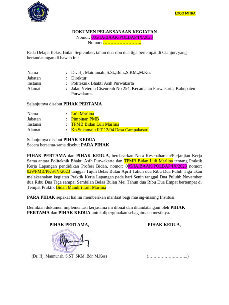 Kerjasama Praktik Kerja Lapangan Bidan | PDF