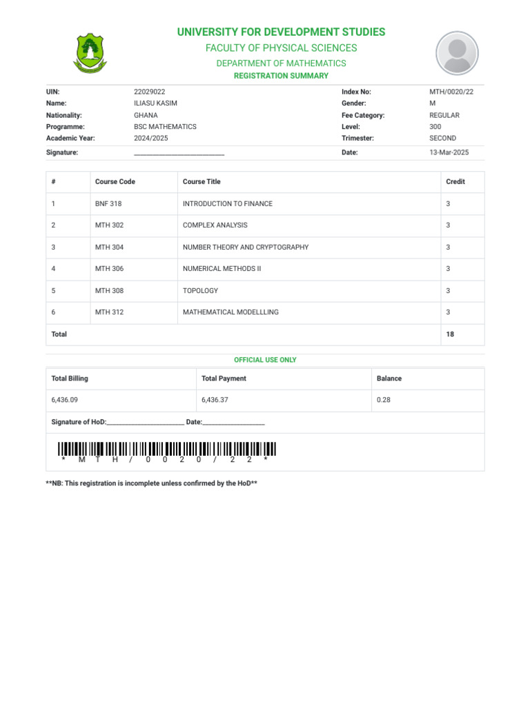 BSc Mathematics Registration Summary 2024 | PDF | Mathematics