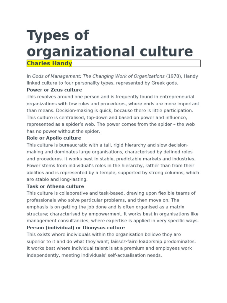 Handy's Four Types of Organizational Culture | PDF