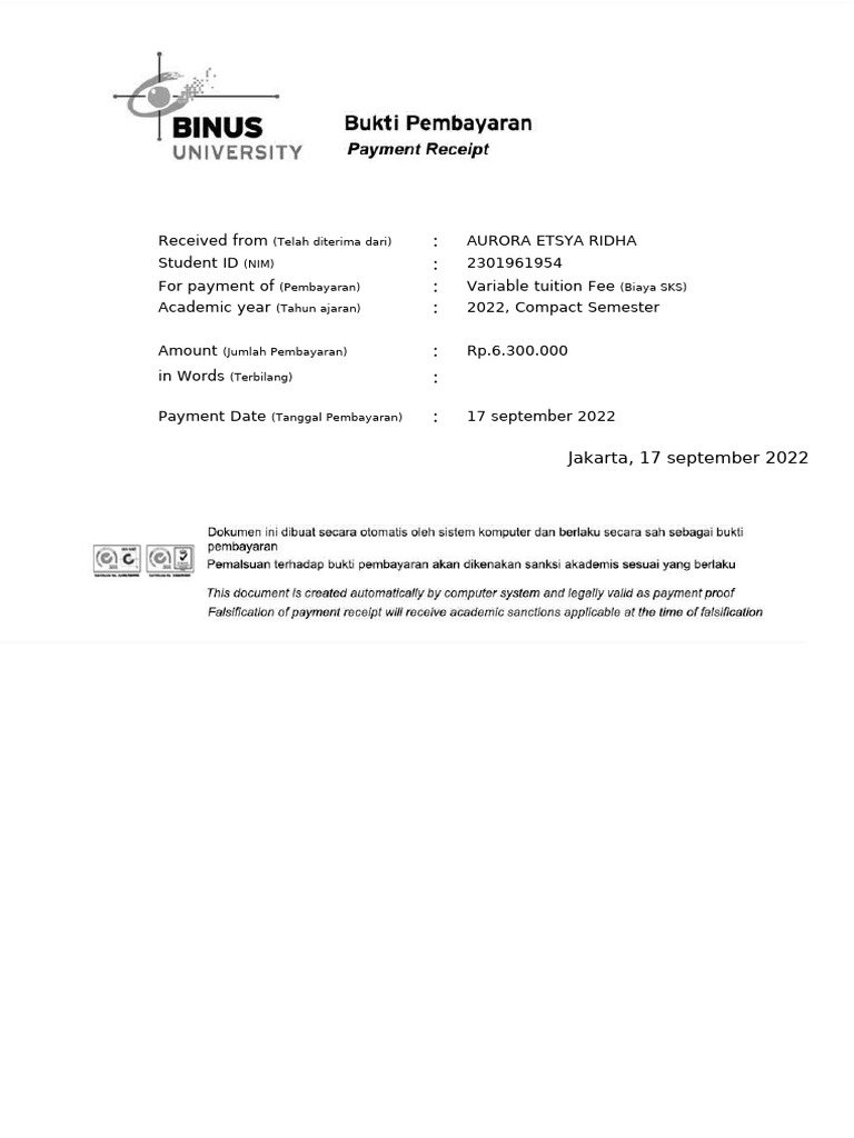 Receipt Pembayaran Aurora Etsya Ridha | PDF