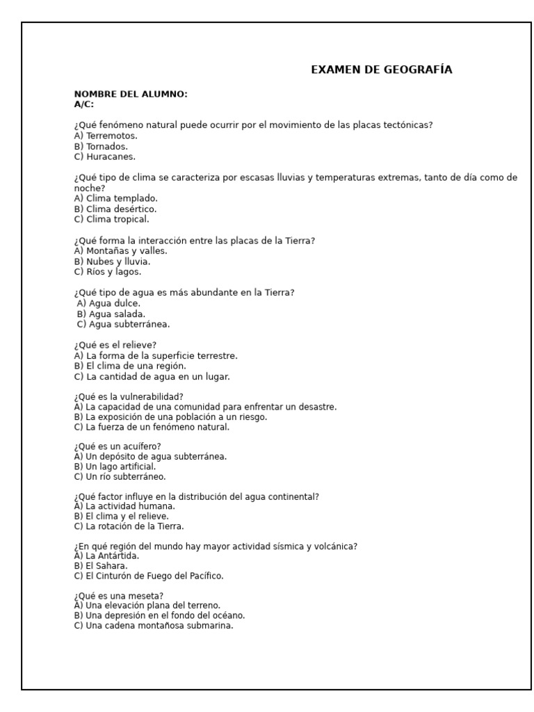 Examen de Geografía: Preguntas Clave | PDF