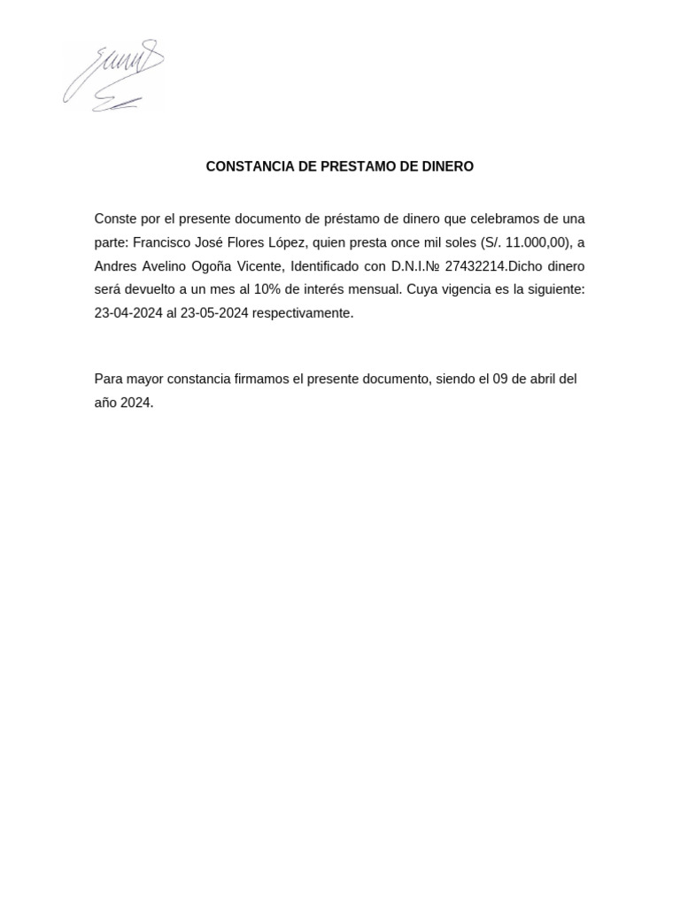 Constancia de Prestamo de Dinero | PDF