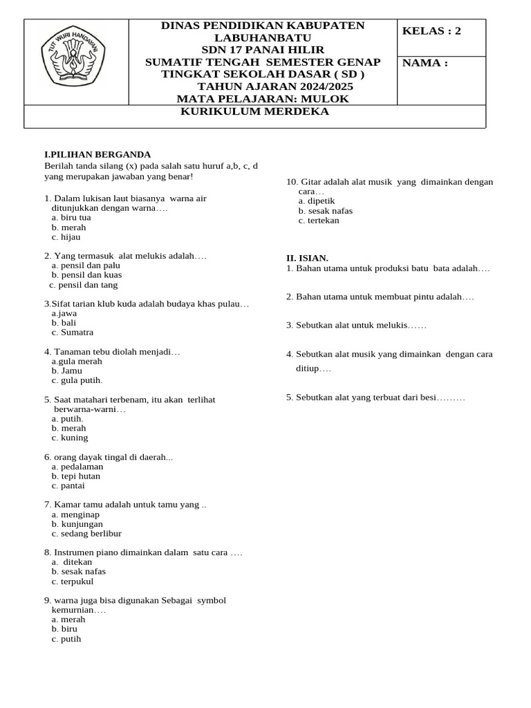 soal ujian mulok 2 | PDF