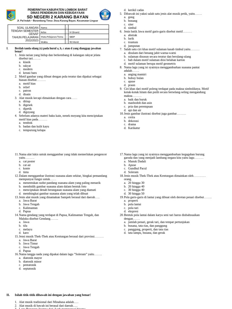 Soal_UTS_SBDP_kelas_6_SD[1] | PDF