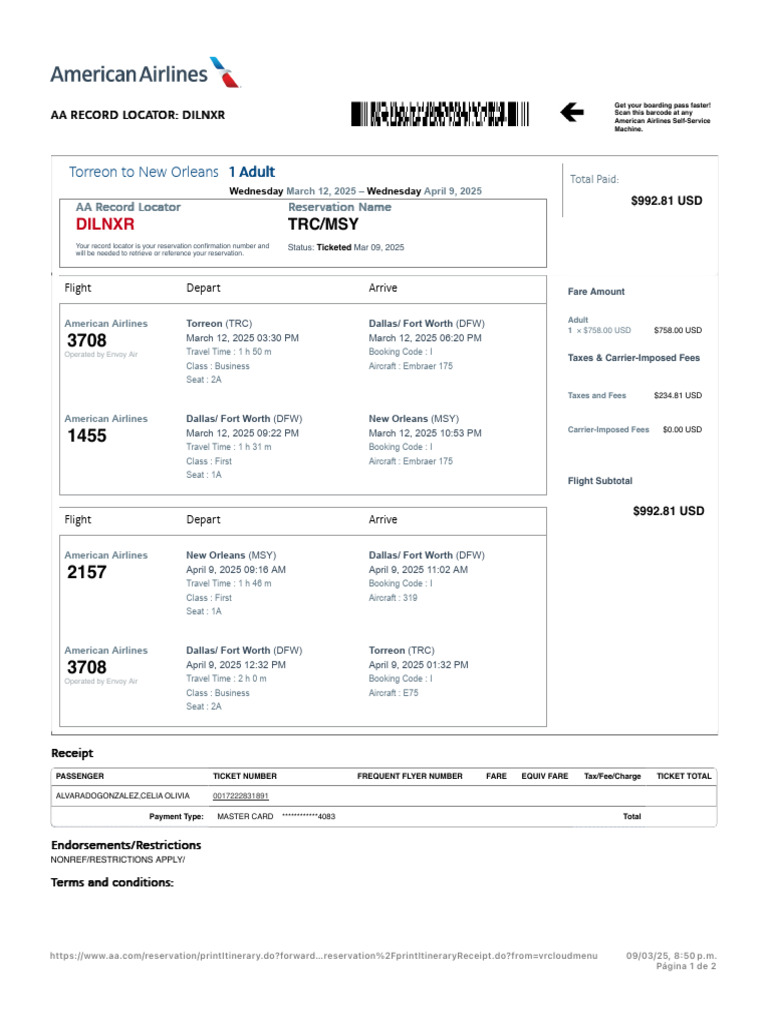 Print Trip and Receipt - Your Trip Details - American Airlines | PDF | American Airlines | Airlines