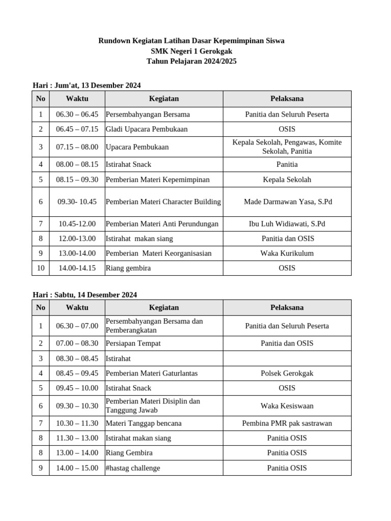 Jadwal Kegiatan LDKS | PDF