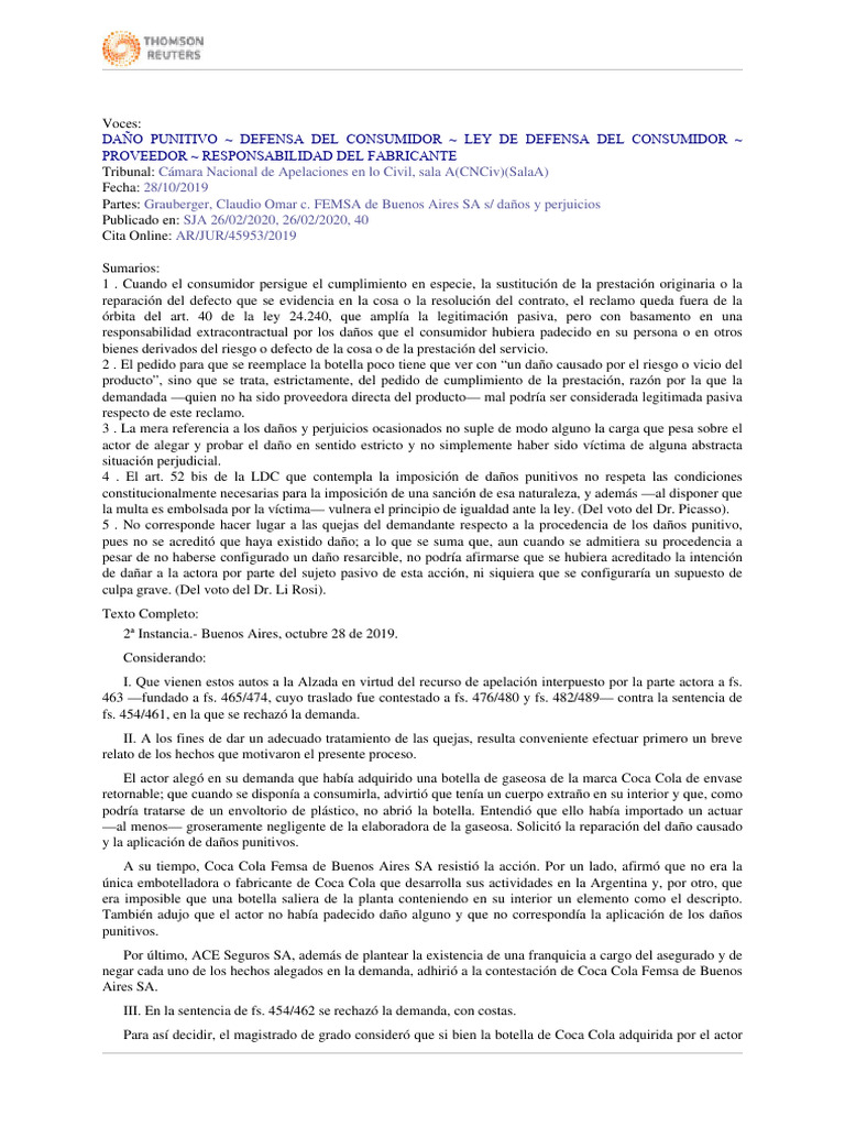 CNCiv A, 28.10.19, Objeto Extraño Dentro de Botella | PDF | Daños y ...