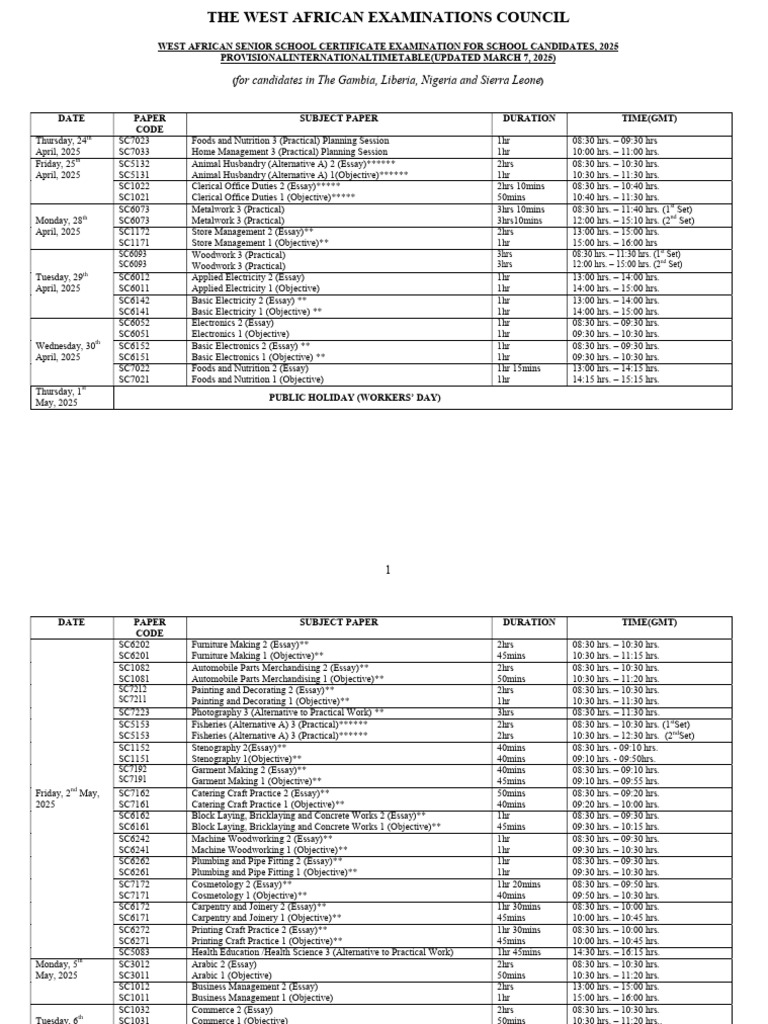 Wassce (SC) 2025 Timetable | PDF | Plumbing