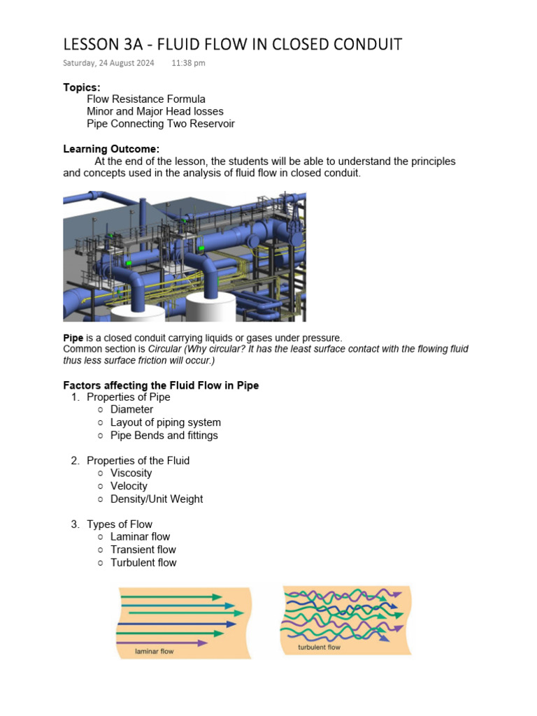 Lesson 3A - Fluid Flow in Closed Conduit - Minor and Major Head Losses ...