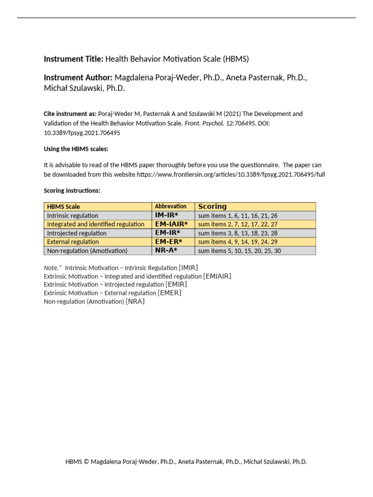 The Health Behavior Motivation Scale and Scoring | PDF | Motivational | Motivation