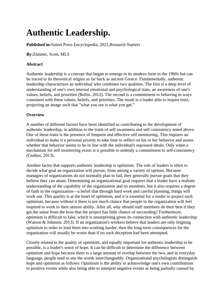 Authentic Leadership | PDF | Leadership | Optimism