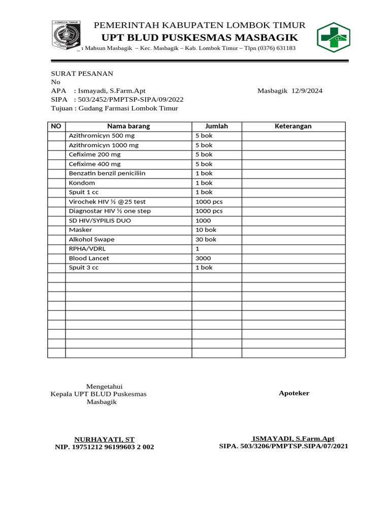 Surat Pesanan dan Rekomendasi Puskesmas Masbagik | PDF
