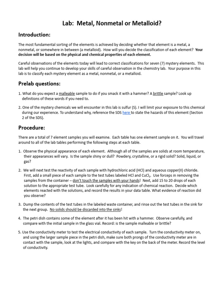 Metal, Nonmetal or Metalloid Prelab 2024 | PDF | Chemical Elements | Metals