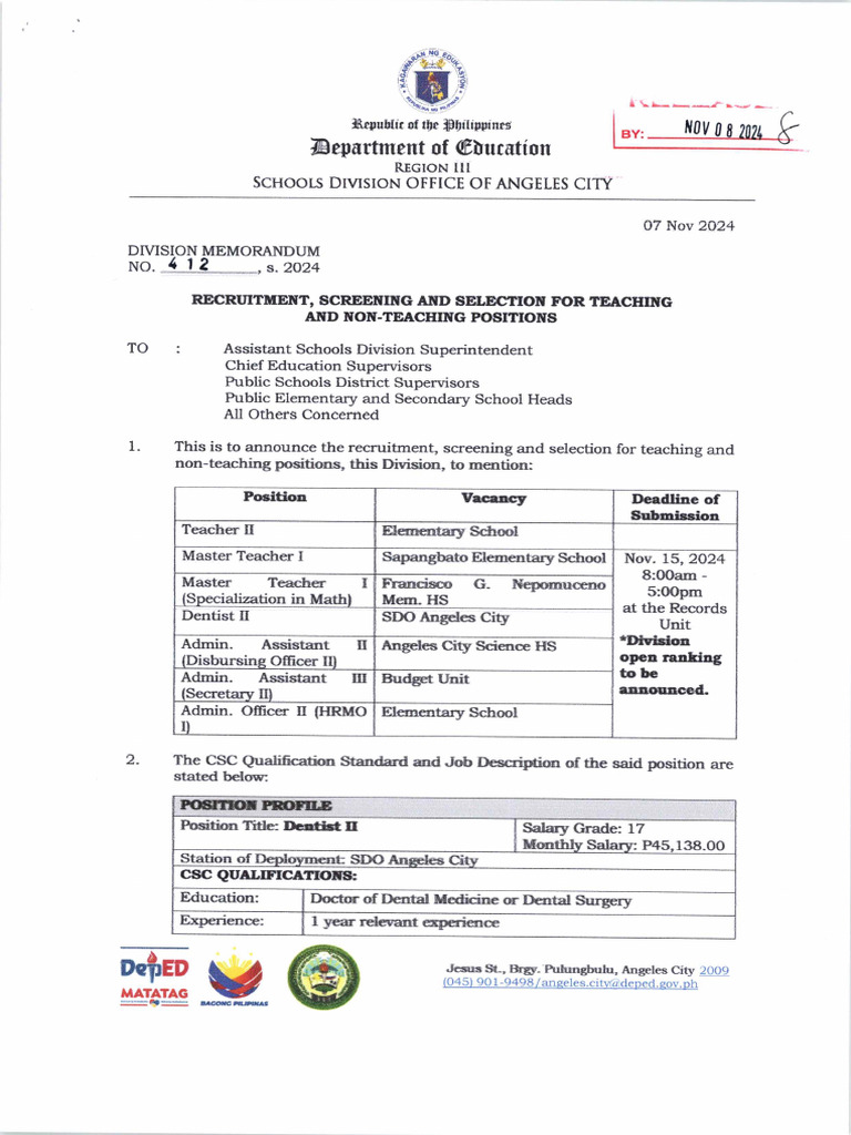 DIVISION MEMORANDUM NO.412 S.2024_ RECRUITMENT, SCREENING AND SELECTION ...