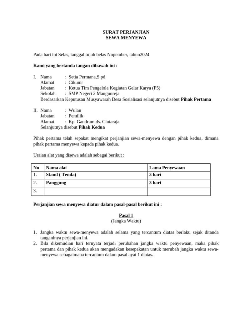 Surat Perjanjian Sewa Menyewa Form 31 | PDF