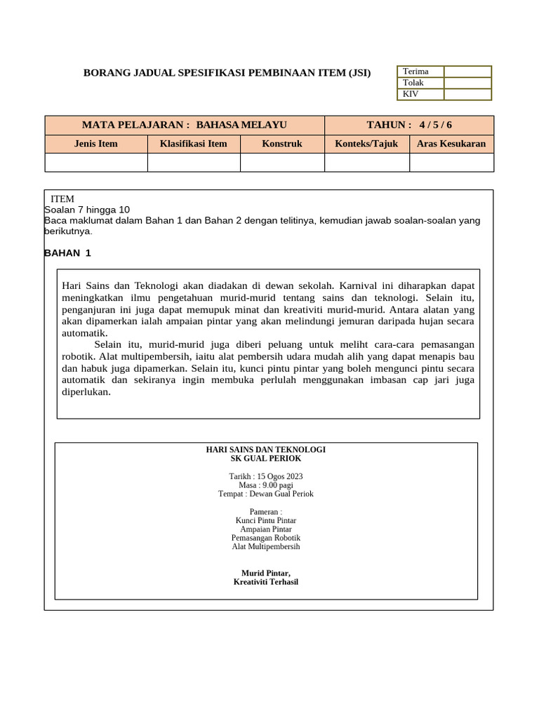 Borang Jadual Spesifikasi Item Jsi 7 10 | PDF