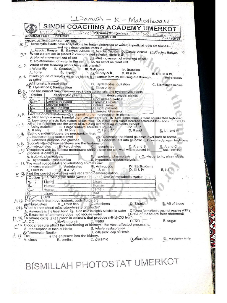BIO XII Full Syllabus Mcqs SPSC | PDF