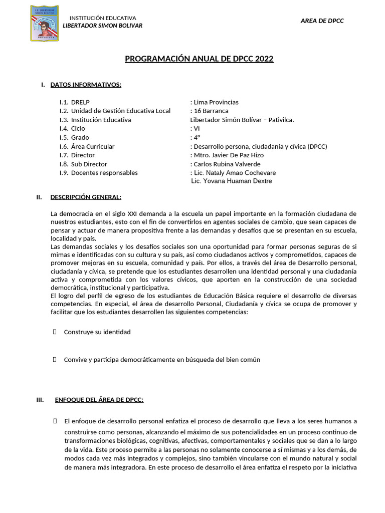 PROGRAMACIÓN_ANUAL 4°_2022 DPCC | PDF | Evaluación | Aprendizaje