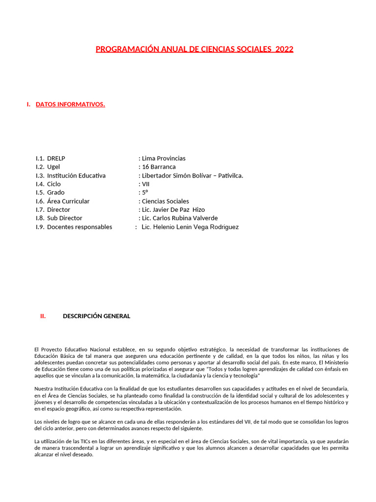 PROGRAMACIÓN_ANUAL_2022 CC.SS 5º--20 NOVIEMBRE | PDF | Aprendizaje | Sustentabilidad